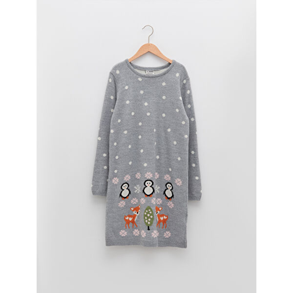 Bisiklet Yaka Desenli Uzun Kollu Kız Çocuk Triko Elbise Bisiklet Yaka Desenli Uzun Kollu Kız Çocuk Triko Elbise