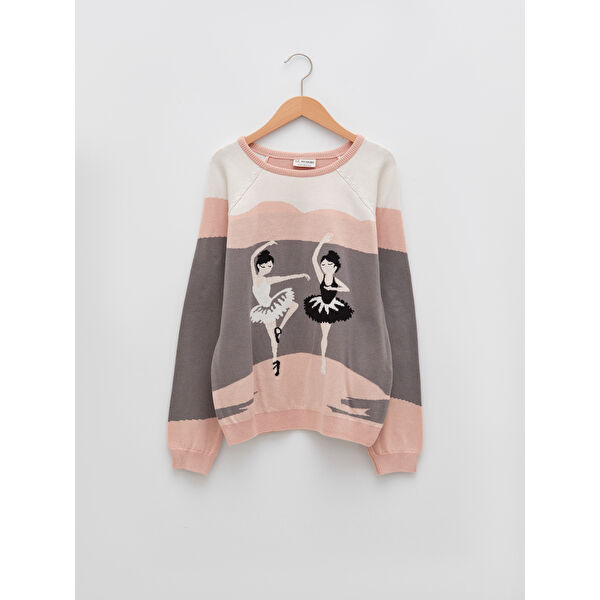 Bisiklet Yaka Desenli Uzun Kollu Kız Çocuk Triko Kazak