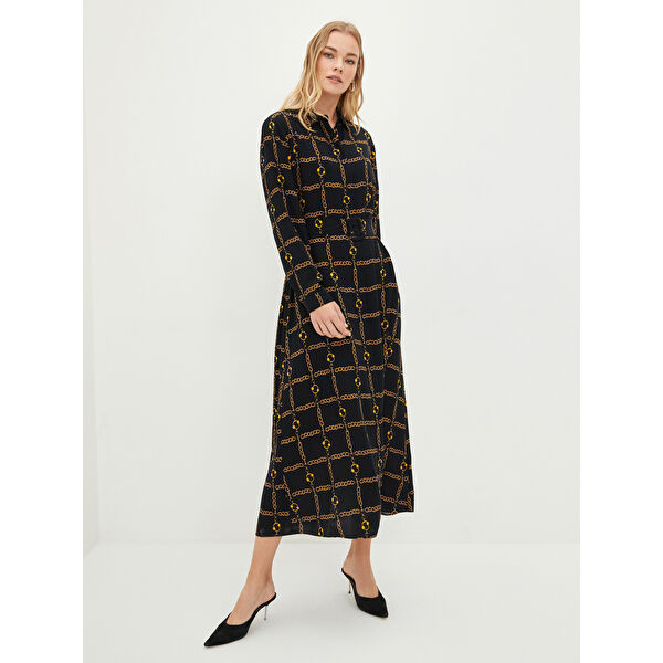 Önden Düğme Kapamalı Desenli Uzun Kollu Viskon Kadın Gömlek Elbise