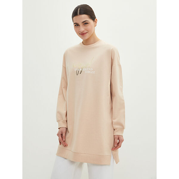 Bisiklet Yaka Yazı Baskılı Uzun Kollu Oversize Kadın Tunik