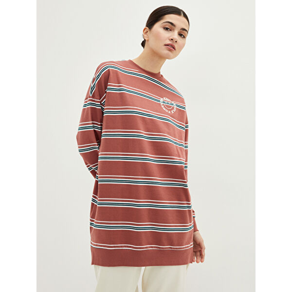 Bisiklet Yaka Çizgili Uzun Kollu Oversize Pamuklu Kadın Tunik Bisiklet Yaka Çizgili Uzun Kollu Oversize Pamuklu Kadın Tunik