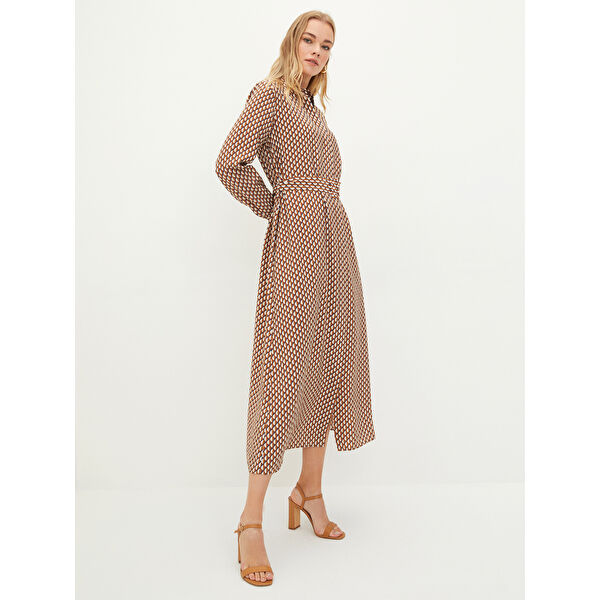 Önden Düğme Kapamalı Desenli Uzun Kollu Kadın Gömlek Elbise