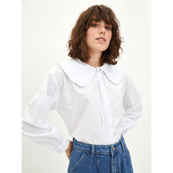 Önden Düğme Kapamalı Düz Uzun Kollu Poplin Kadın Gömlek