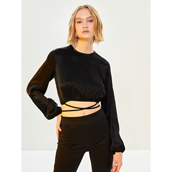 Bisiklet Yaka Düz Uzun Kollu Viskon Kadın Bluz