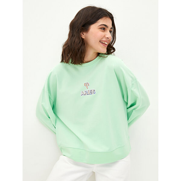Bisiklet Yaka Slogan Baskılı Uzun Kollu Kadın Sweatshirt