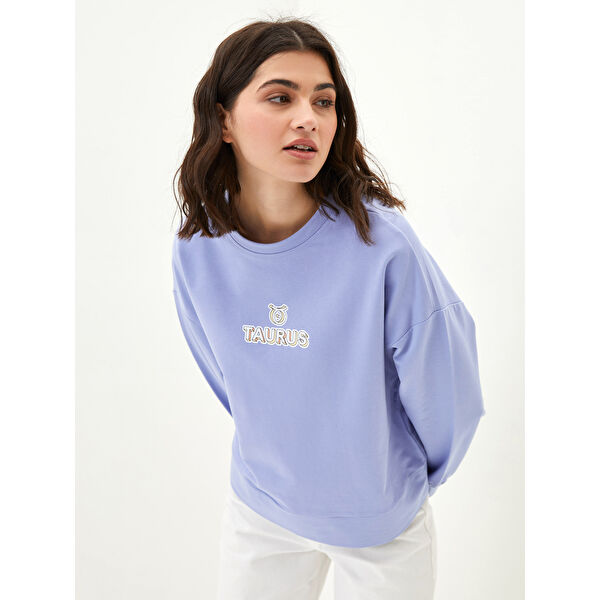 Bisiklet Yaka Slogan Baskılı Uzun Kollu Kadın Sweatshirt