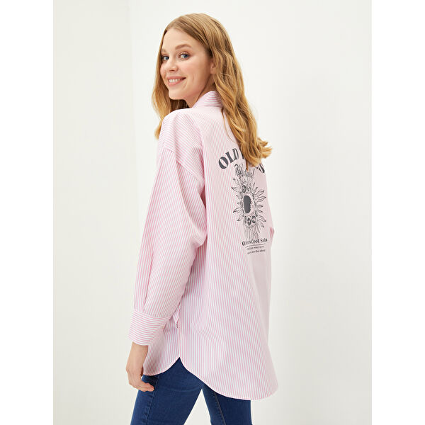 Önden Düğme Kapamalı Baskılı Uzun Kollu Poplin Kumaş Kadın Gömlek