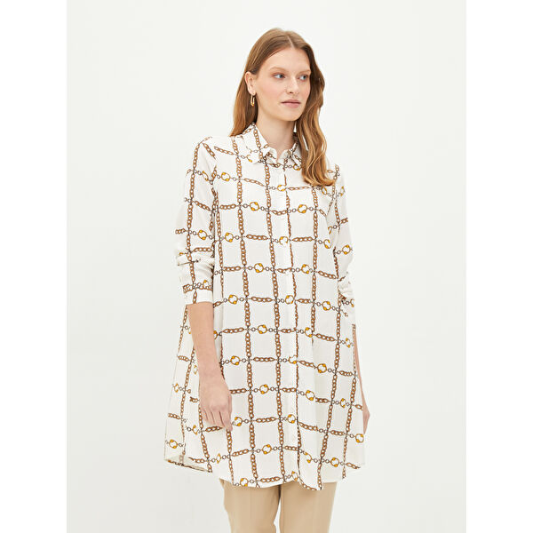 Gömlek Yaka Desenli Uzun Kollu Viskon Kadın Tunik