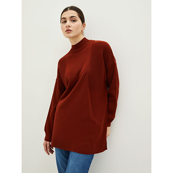 Yarım Balıkçı Yaka Kendinden Desenli Uzun Kollu Oversize Kadın Triko Tunik