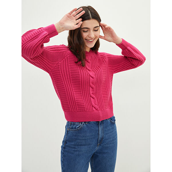 Bisiklet Yaka Kendinden Desenli Uzun Kollu Kadın Triko Kazak