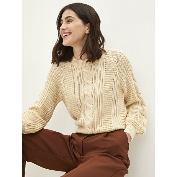 Bisiklet Yaka Kendinden Desenli Uzun Kollu Kadın Triko Kazak