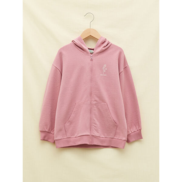 Kapüşonlu Baskılı Uzun Kollu Organik Pamuklu Kız Çocuk Fermuarlı Sweatshirt