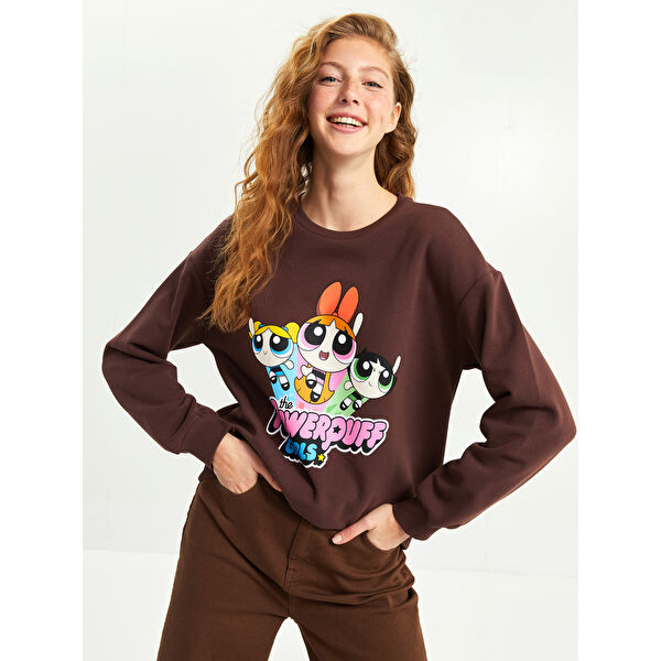Bisiklet Yaka Powerpuff Girls Baskılı Uzun Kollu Kadın Sweatshirt