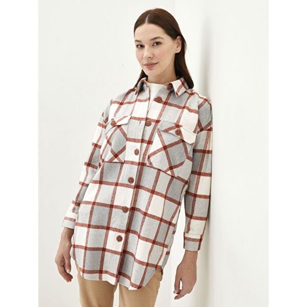 Gömlek Yaka Ekose Uzun Kollu Oversize Gabardin Kumaş Kadın Tunik Gömlek Yaka Ekose Uzun Kollu Oversize Gabardin Kumaş Kadın Tunik