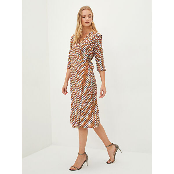 Kruvaze Yaka Desenli Maroken Kadın Elbise