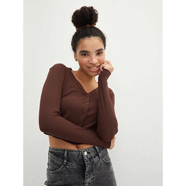 V Yaka Düz Uzun Kollu Viskon Kadın Hırka