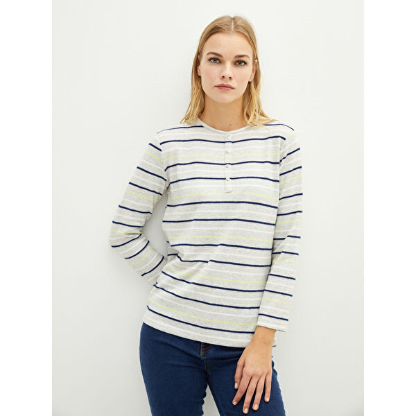 Bisiklet Yaka Çizgili Uzun Kollu Kadın Tişört