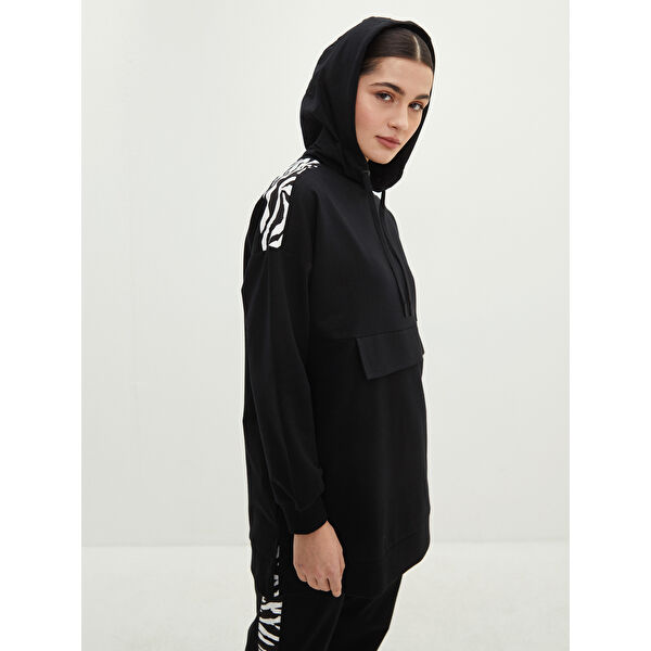 Kapüşonlu Desenli Uzun Kollu Oversize Kadın Tunik