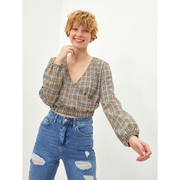 LCW CASUAL Kruvaze Yaka Ekose Uzun Kollu Kadın Bluz LCW CASUAL Kruvaze Yaka Ekose Uzun Kollu Kadın Bluz