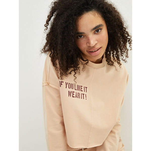 Bisiklet Yaka Baskılı Uzun Kollu Pamuklu Kadın Sweatshirt