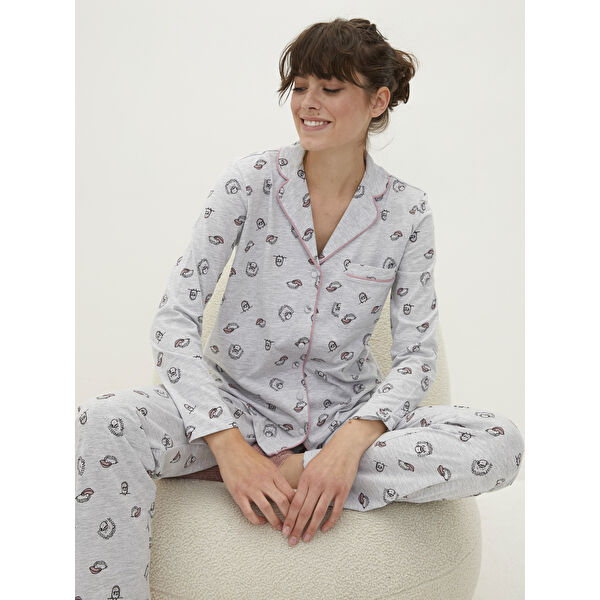 Gömlek Yaka Baskılı Uzun Kollu Kadın Pijama Takımı