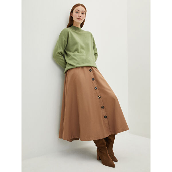 Beli Lastikli Düz Önden Düğme Detaylı Kadın Etek