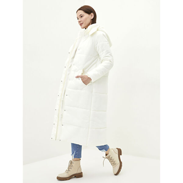 Kapüşonlu Düz Uzun Kollu Kadın Şişme Mont