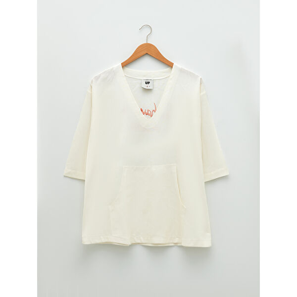 QOOQ UP V Yaka Nakışlı Uzun Kollu Kadın Kimono