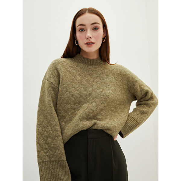 Yarım Balıkçı Yaka Düz Uzun Kollu Kadın Triko Kazak