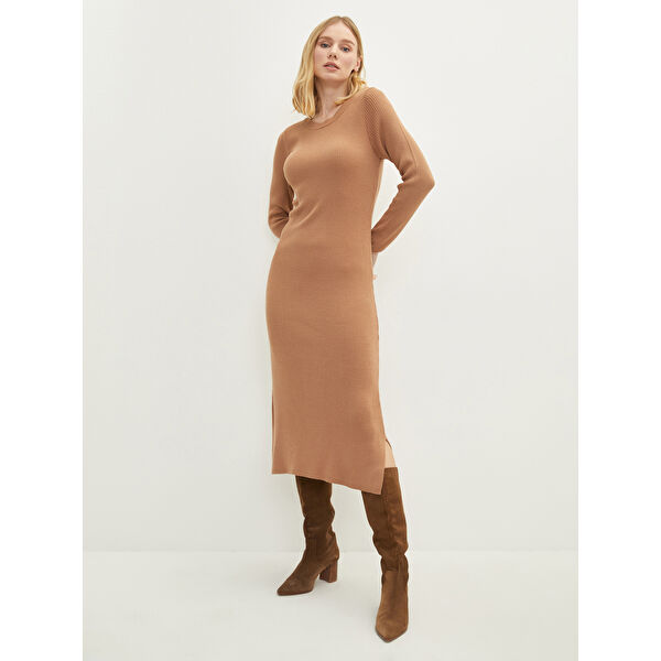 Bisiklet Yaka Düz Uzun Kollu Kadın Triko Elbise Bisiklet Yaka Düz Uzun Kollu Kadın Triko Elbise