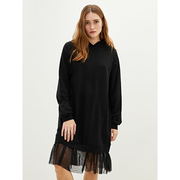 Kapüşonlu Tül Detaylı Uzun Kollu Kadın Elbise Kapüşonlu Tül Detaylı Uzun Kollu Kadın Elbise