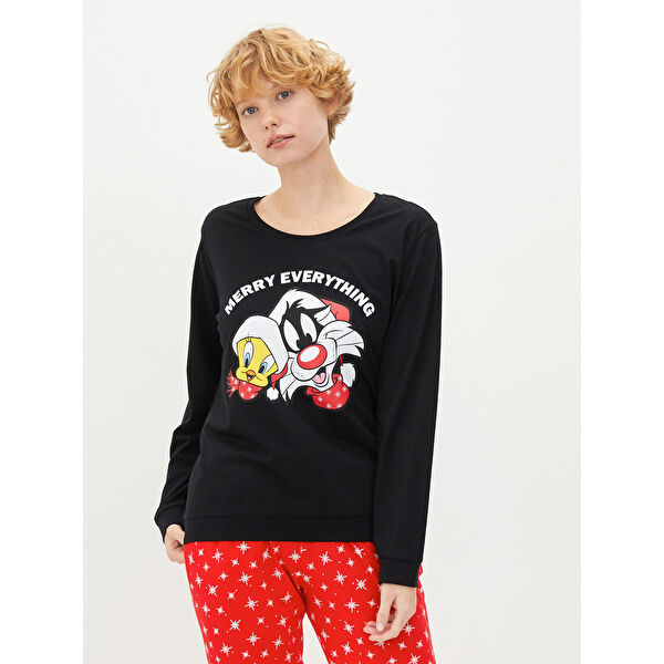Bisiklet Yaka Yılbaşı Temalı Looney Tunes Baskılı Uzun Kollu Pamuklu Kadın Pijama Takımı Bisiklet Yaka Yılbaşı Temalı Looney Tunes Baskılı Uzun Kollu Pamuklu Kadın Pijama Takımı