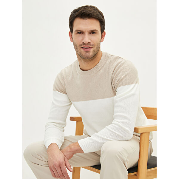 Bisiklet Yaka Uzun Kollu Renk Bloklu Erkek Triko Kazak