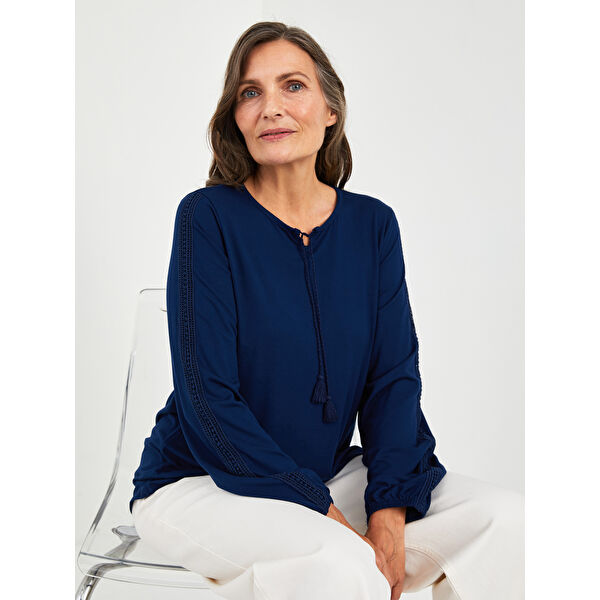 Bağlamalı Yaka Düz Uzun Kollu Kadın Bluz