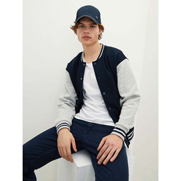 Kolej Yaka Uzun Kollu Fermuarlı Erkek Bomber Ceket