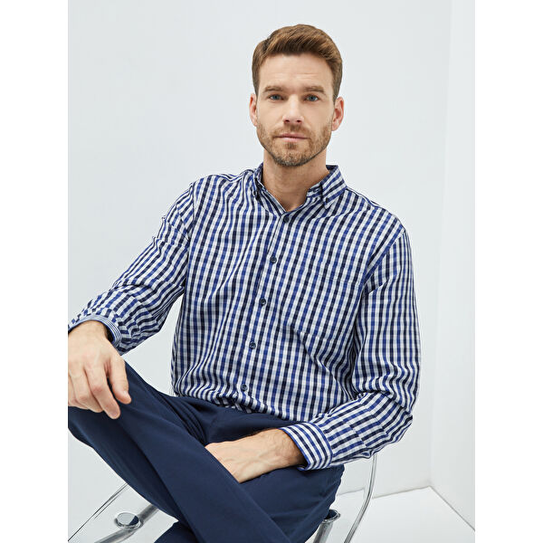 Regular Fit Uzun Kollu Ekose Armürlü Erkek Gömlek