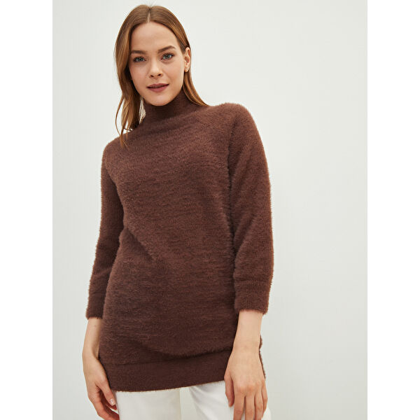 Yarım Balıkçı Yaka Düz Uzun Kollu Kadın Triko Tunik