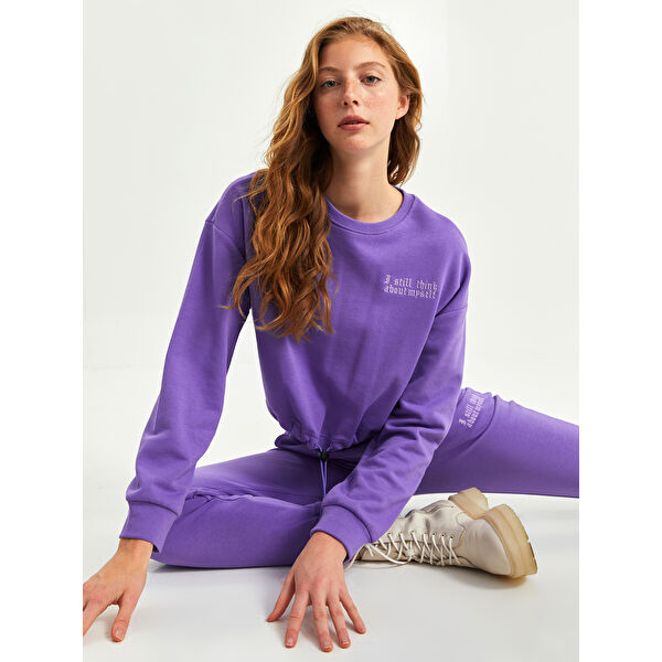 Bisiklet Yaka Slogan Baskılı Uzun Kollu Kadın Sweatshirt