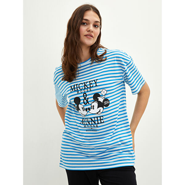 Büyük Beden Bisiklet Yaka Çizgili Mickey Mouse Baskılı Kısa Kollu Kadın Tişört