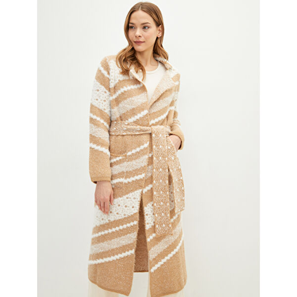 Polo Yaka Desenli Uzun Kollu Kadın Triko Hırka