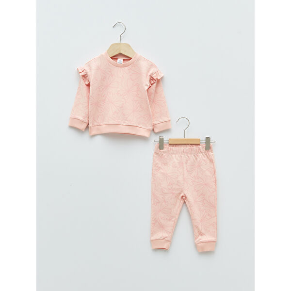 Bisiklet Yaka Uzun Kollu Baskılı Kız Bebek Sweatshirt ve Pantolon 2'li Takım