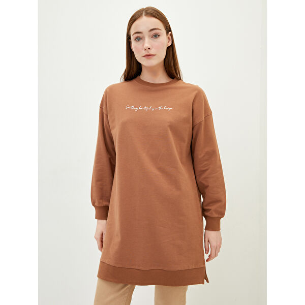 Bisiklet Yaka Slogan Baskılı Uzun Kollu Oversize Kadın Tunik