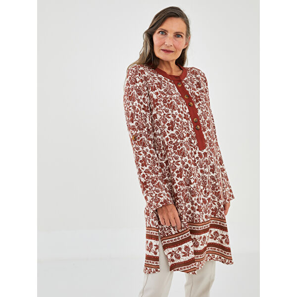 Hakim Yaka Çiçekli Uzun Kollu Viskon Kadın Tunik