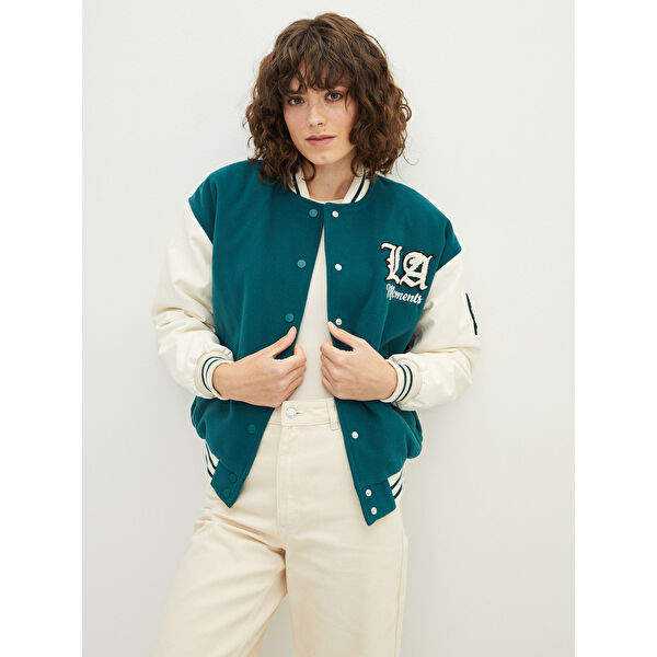 Kolej Yaka Nakışlı Uzun Kollu Kadın Mont