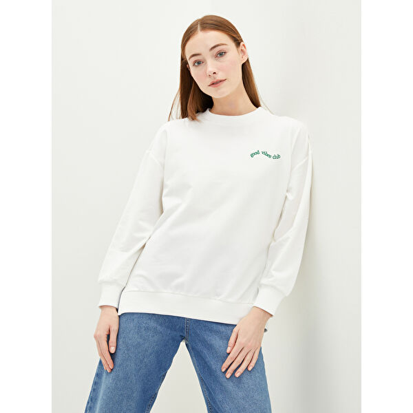Bisiklet Yaka Nakışlı Uzun Kollu Kadın Sweatshirt