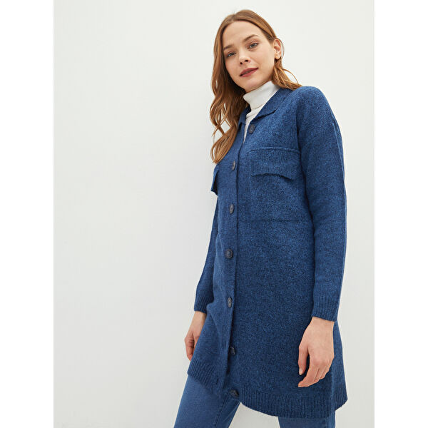 Polo Yaka Düz Uzun Kollu Kadın Triko Hırka