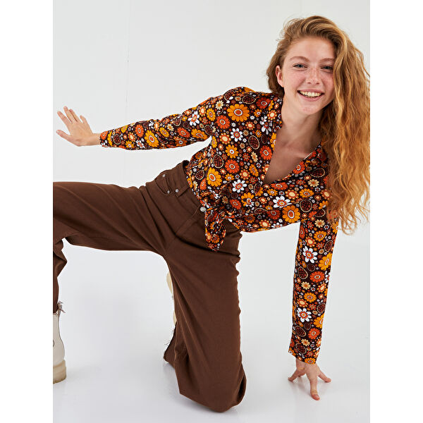 Önden Düğme Kapamalı Çiçekli Uzun Kollu Viskon Kadın Gömlek Önden Düğme Kapamalı Çiçekli Uzun Kollu Viskon Kadın Gömlek