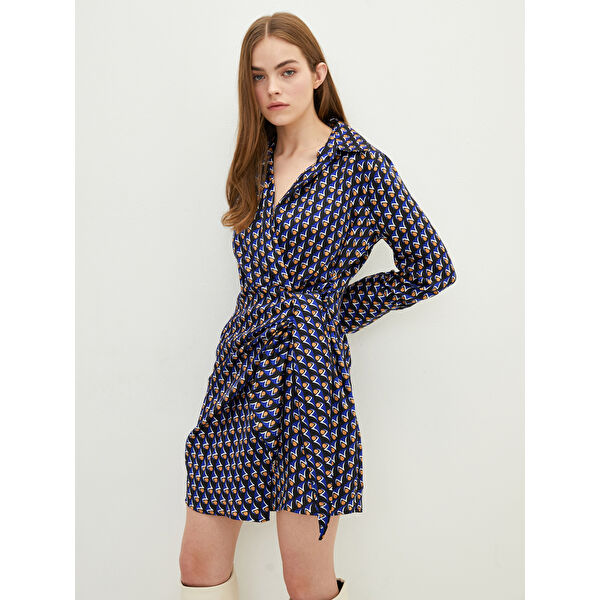 Gömlek Yaka Desenli Uzun Kollu Saten Kadın Elbise