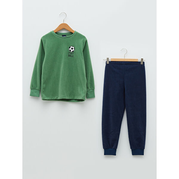 Bisiklet Yaka Nakış Detaylı Uzun Kollu Polar Erkek Çocuk Pijama Takımı