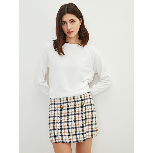 Beli Fermuarlı Ekose Desenli A Kesim Gabardin Kadın Etek